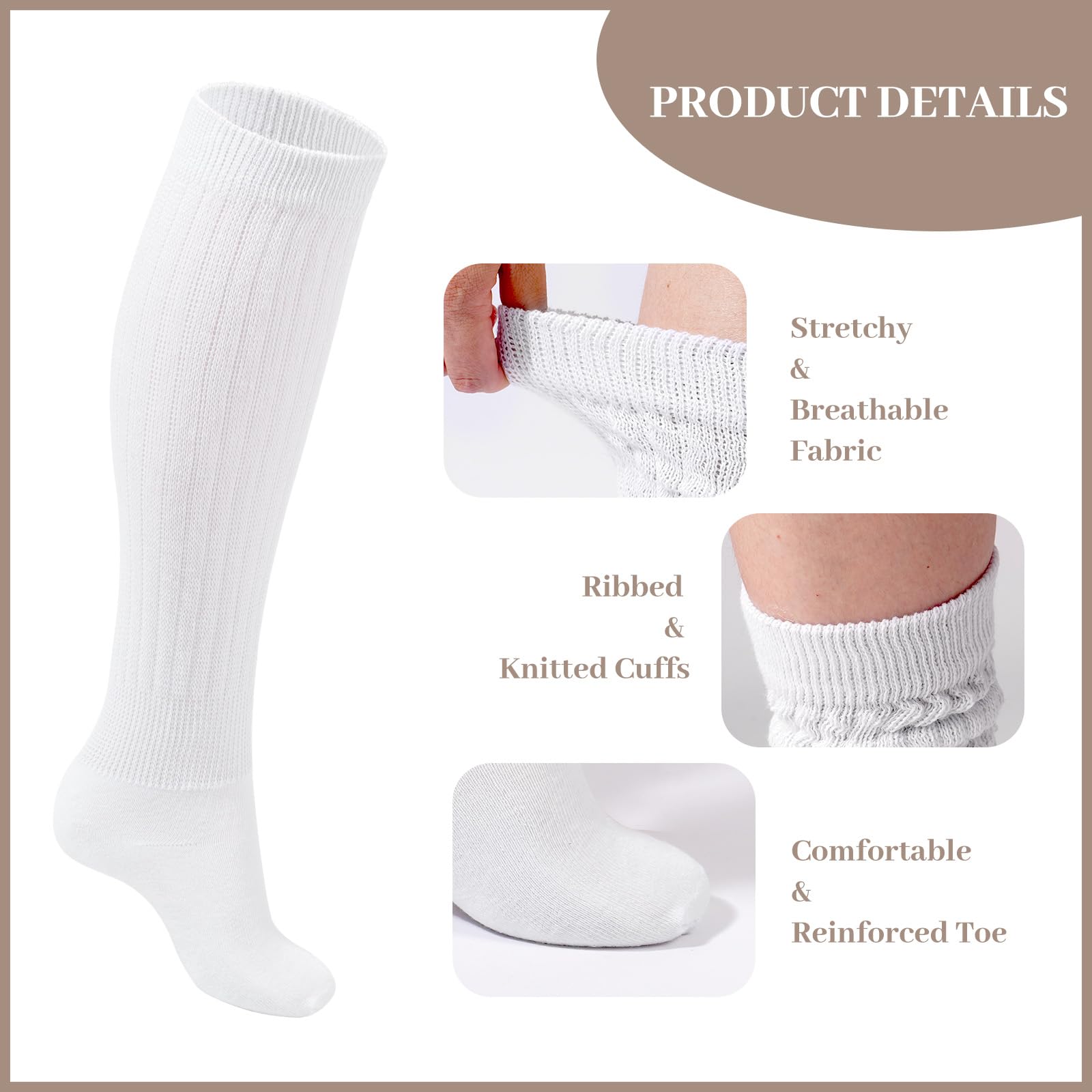 3 Pairs Cotton Knee High Slouch Socks - White | Moon Wood