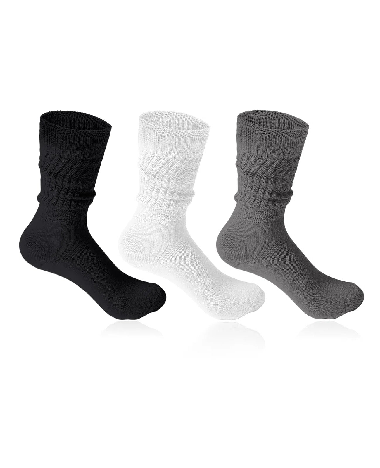 3 Pairs Crew Slouch Socks - Black White Grey | Moon Wood