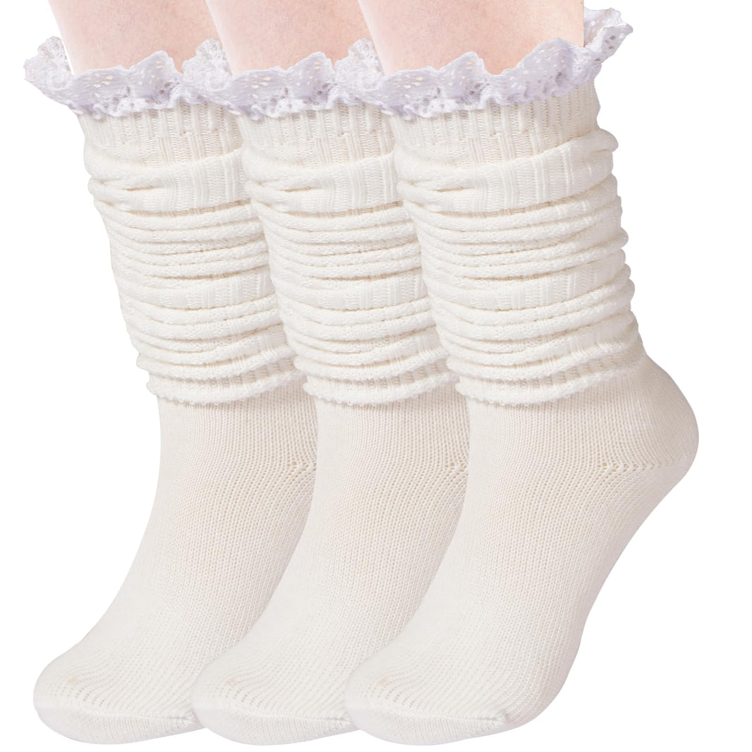 3 Pairs Knee High Slouch Socks for Women Ruffle | Moon Wood