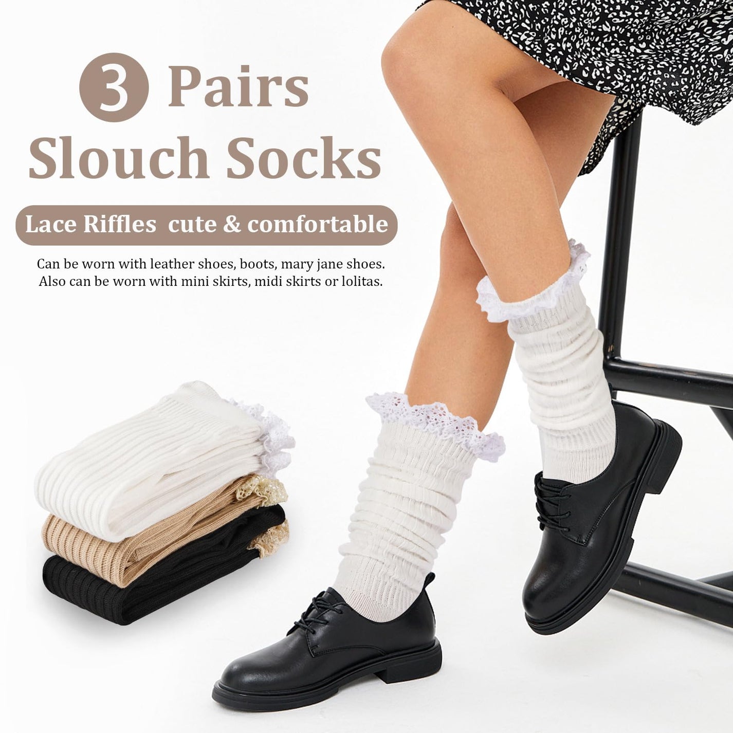3 Pairs Knee High Slouch Socks for Women Ruffle | Moon Wood
