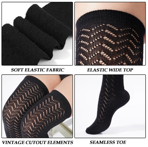 Cotton Thigh High Socks with Hollowing Mesh | Moon Wood