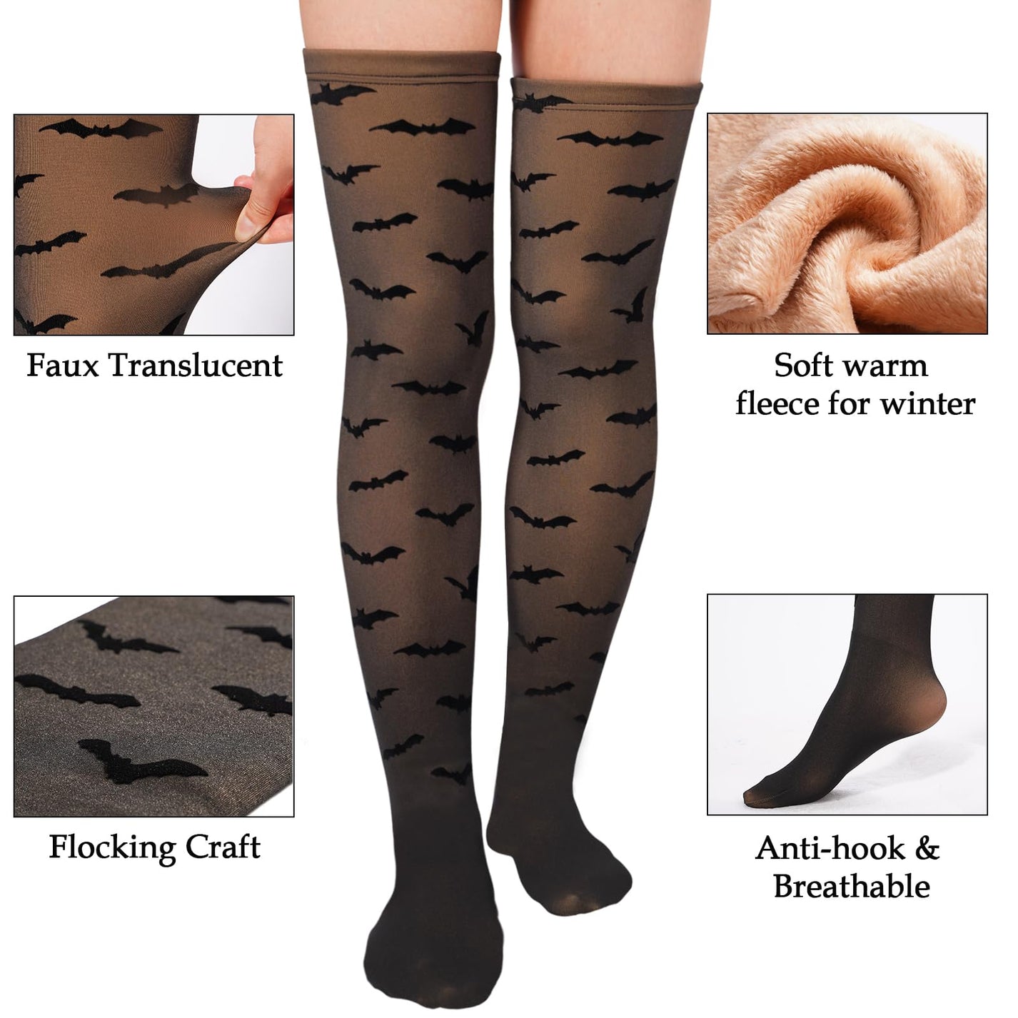 Fleece Lined Thigh High Socks Translucent - Bat | Moon Wood