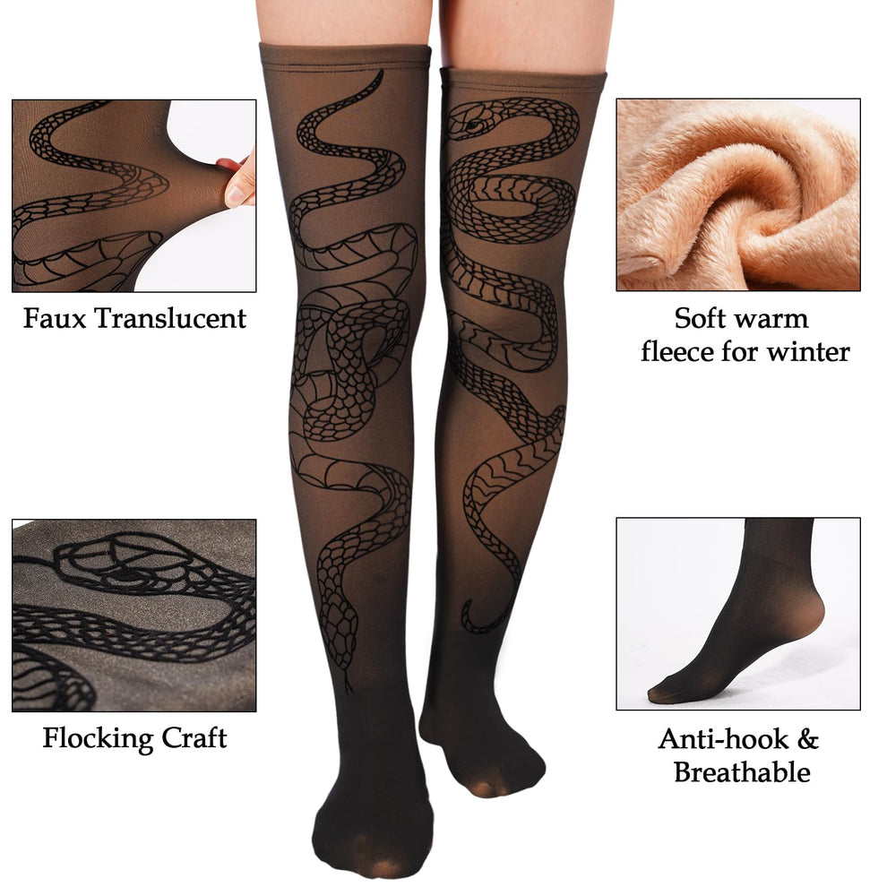 Fleece Lined Thigh High Socks Translucent-Snake | Moon Wood