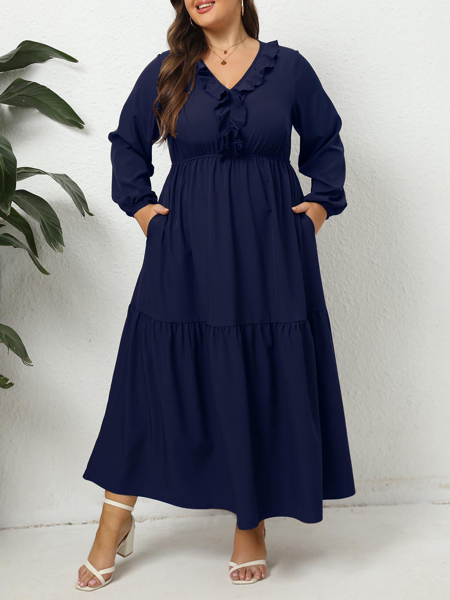 Plus Size A Line Flowy Dresses Long Sleeve V Neck丨Moon Wood
