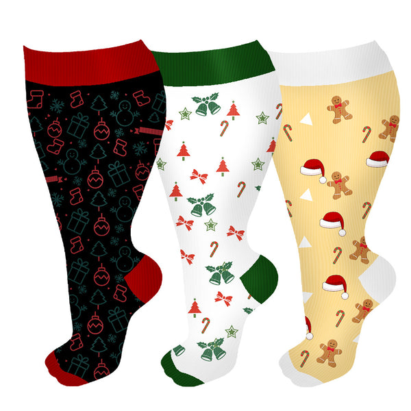 Plus Size Christmas Compression Socks 3 Pairs | Moon Wood