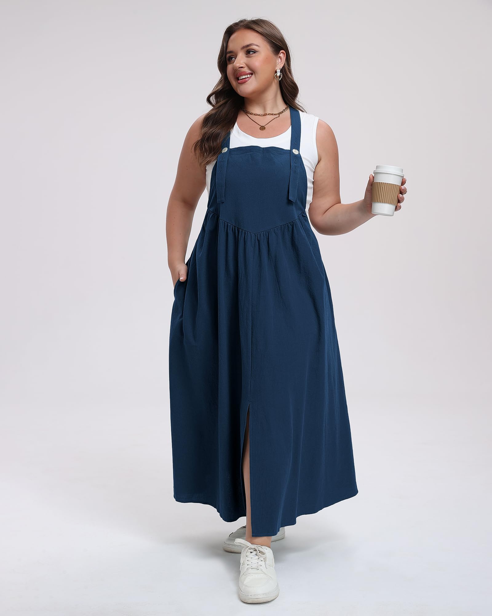 Plus Size Cotton Overall Dress Slit - Navy | Moon Wood
