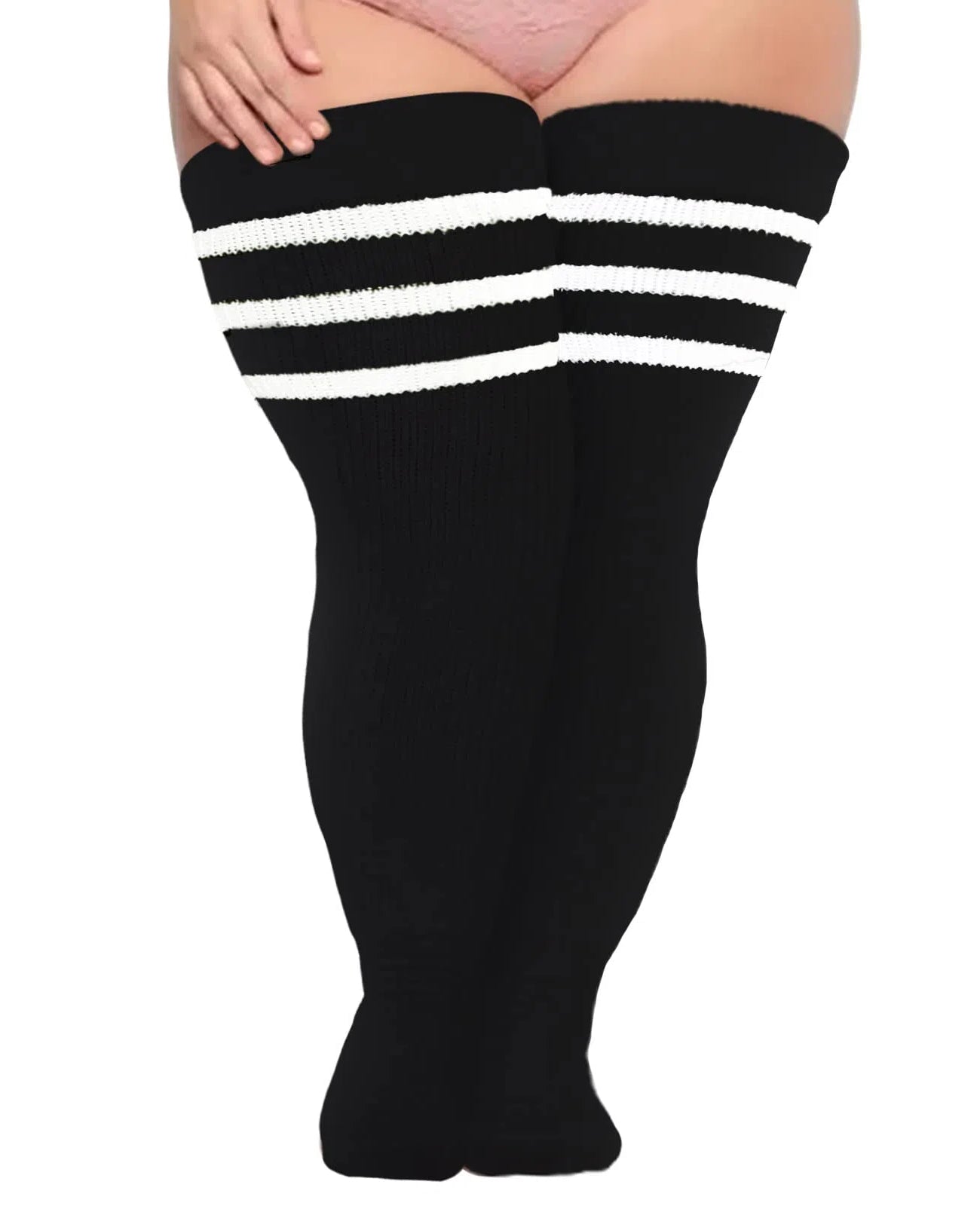 Plus Size Thigh High Socks Striped- Black & White丨Moon Wood