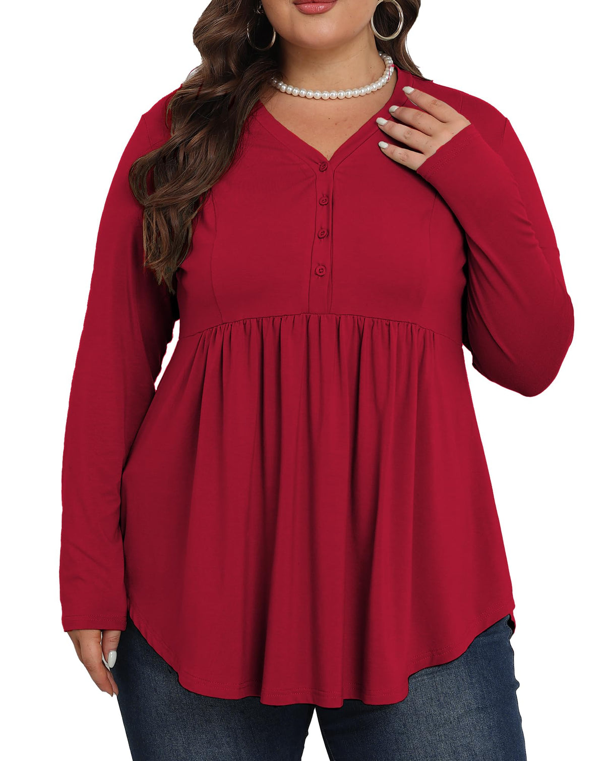 Plus Size Tops Henley Shirts V Neck-Wine Red | Moon Wood