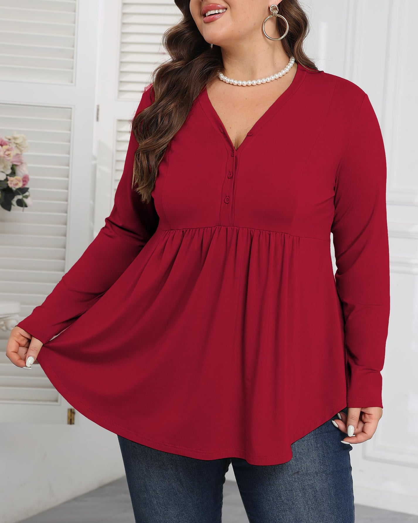 Plus Size Tops Henley Shirts V Neck-Wine Red | Moon Wood