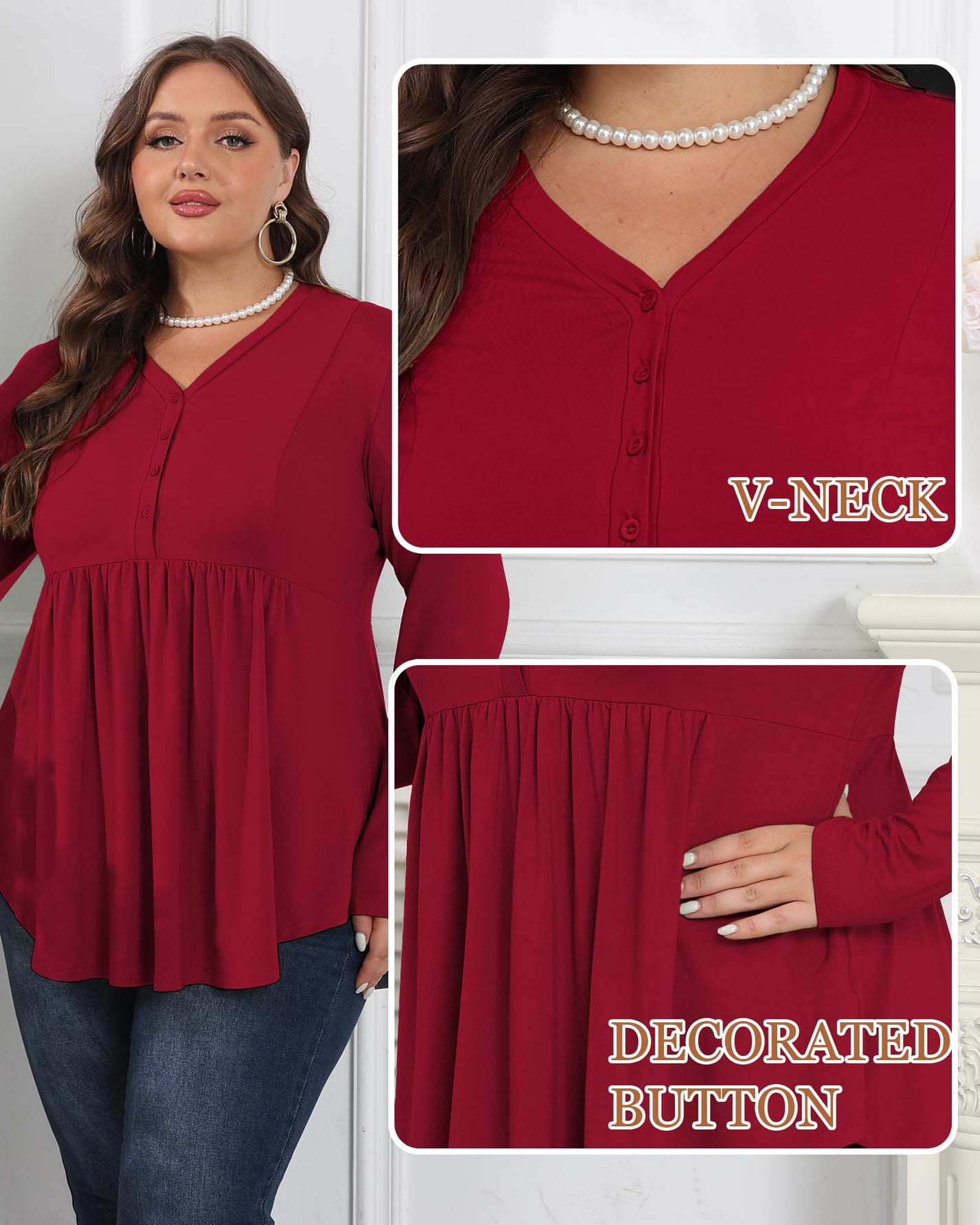 Plus Size Tops Henley Shirts V Neck-Wine Red | Moon Wood