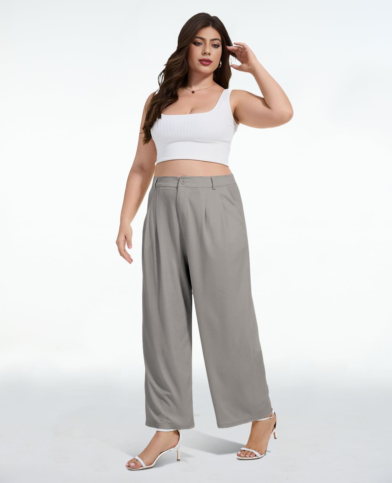 Plus Size Wide Leg Trouser Pants-Light Grey | Moon Wood
