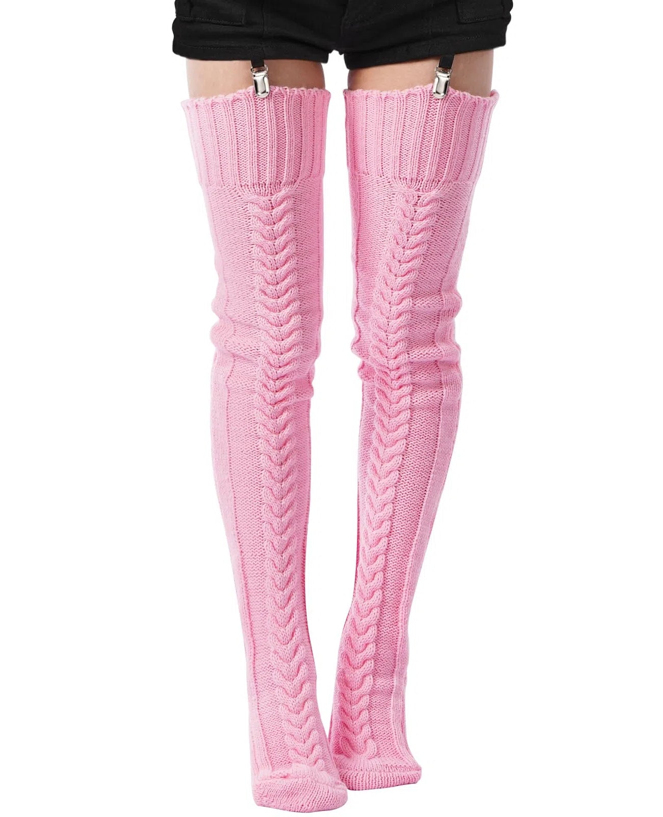 Thigh High Socks Thick Cable Knitted - Pink | Moon Wood