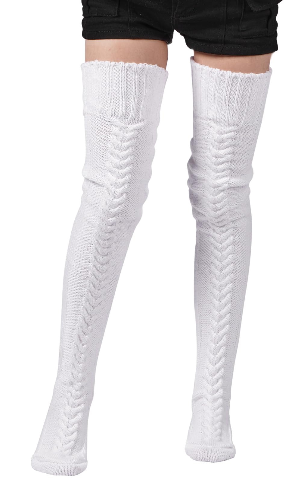 Thigh High Socks Thick Cable Knitted - White | Moon Wood
