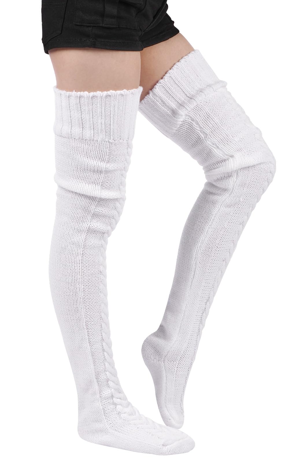 Thigh High Socks Thick Cable Knitted - White | Moon Wood