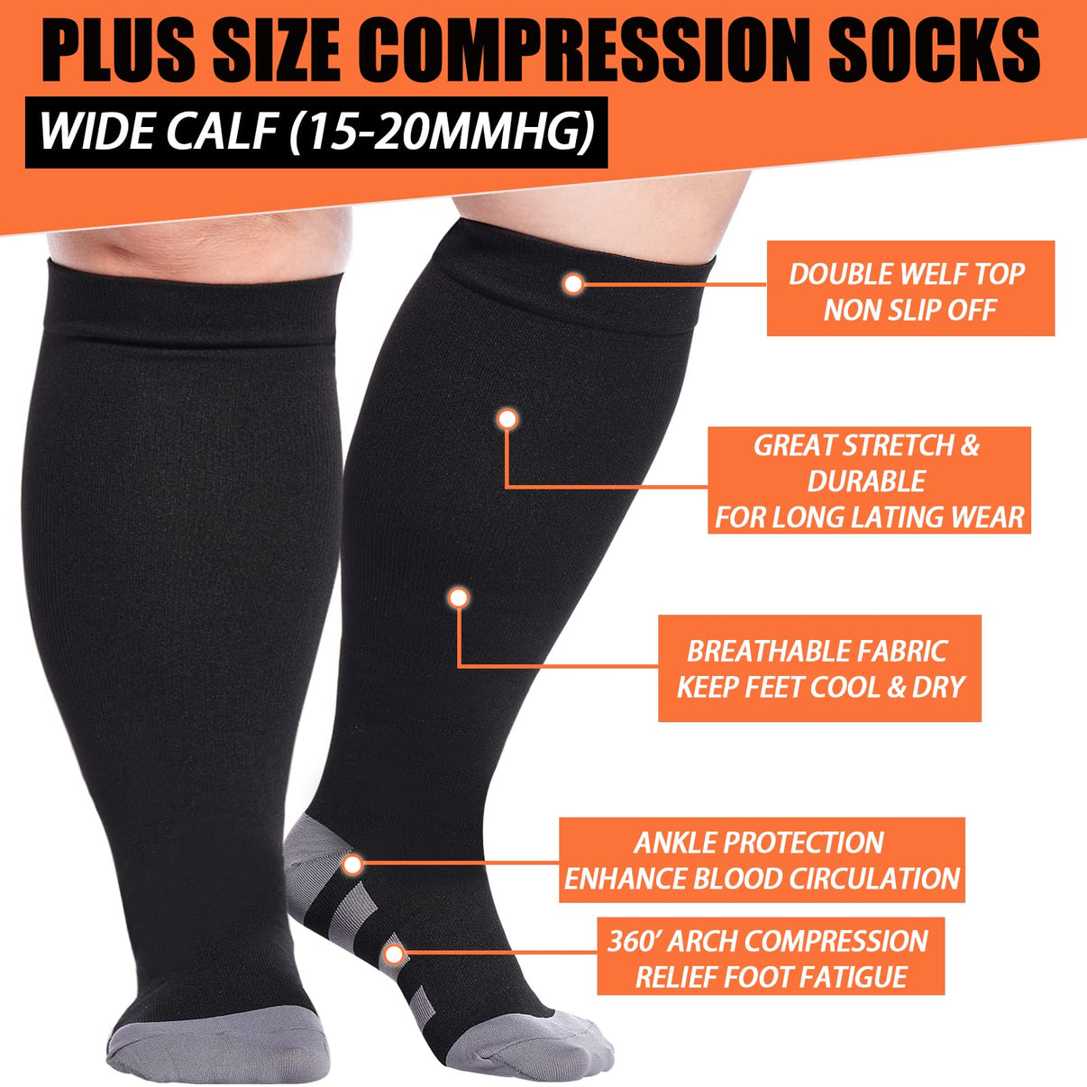 3 Pairs Plus Size Compression Socks-Black | Moon Wood