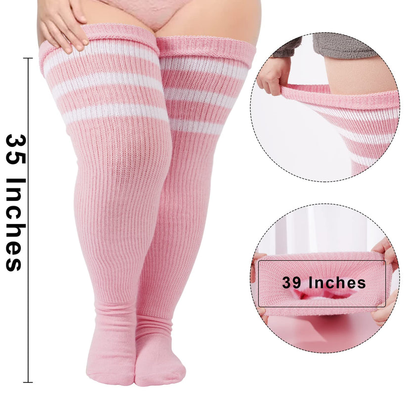 Plus Size Thigh High Socks Striped- Baby Pink & White丨Moon Wood