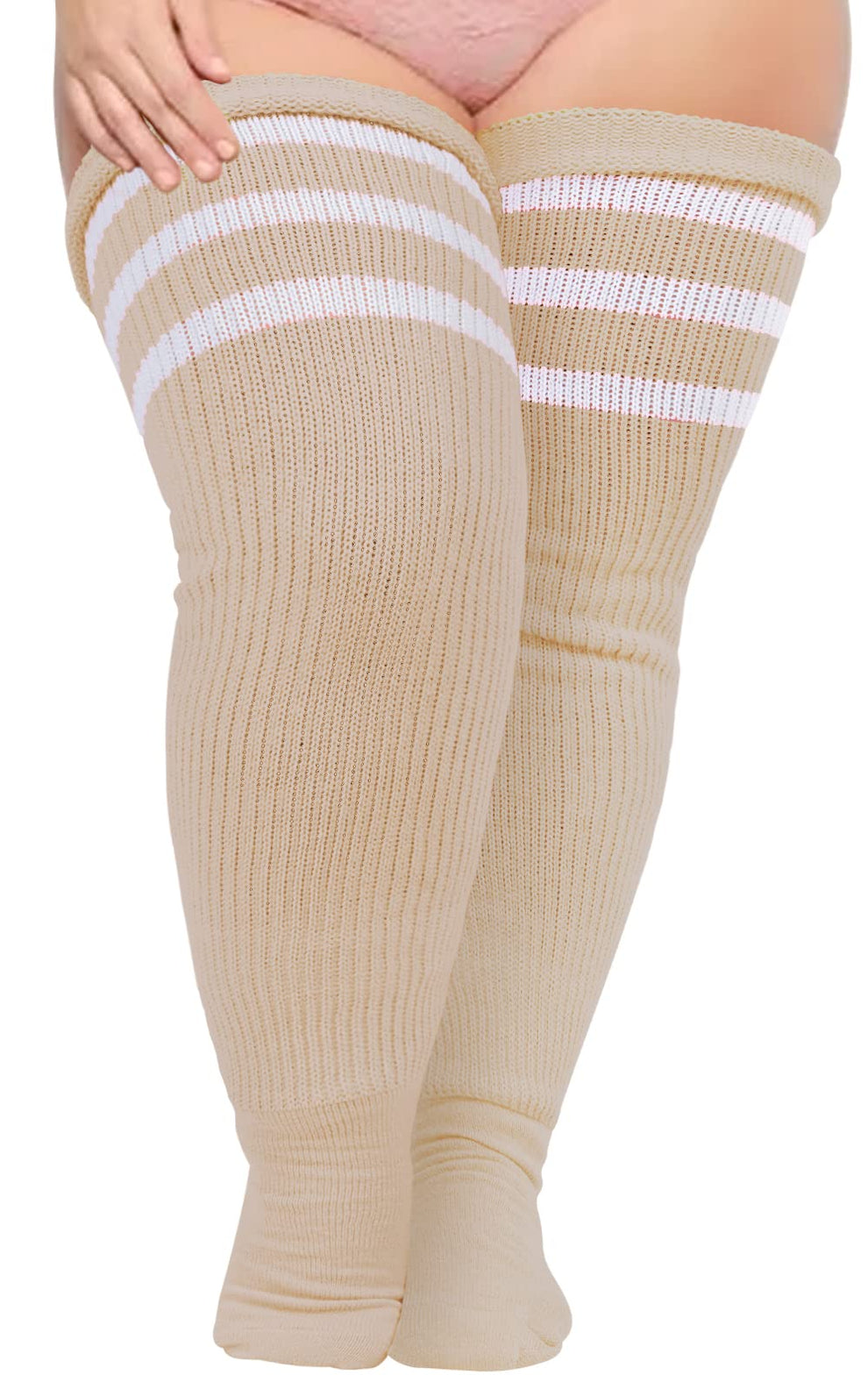 Plus Size Thigh High Socks Striped- Beige & White丨Moon Wood