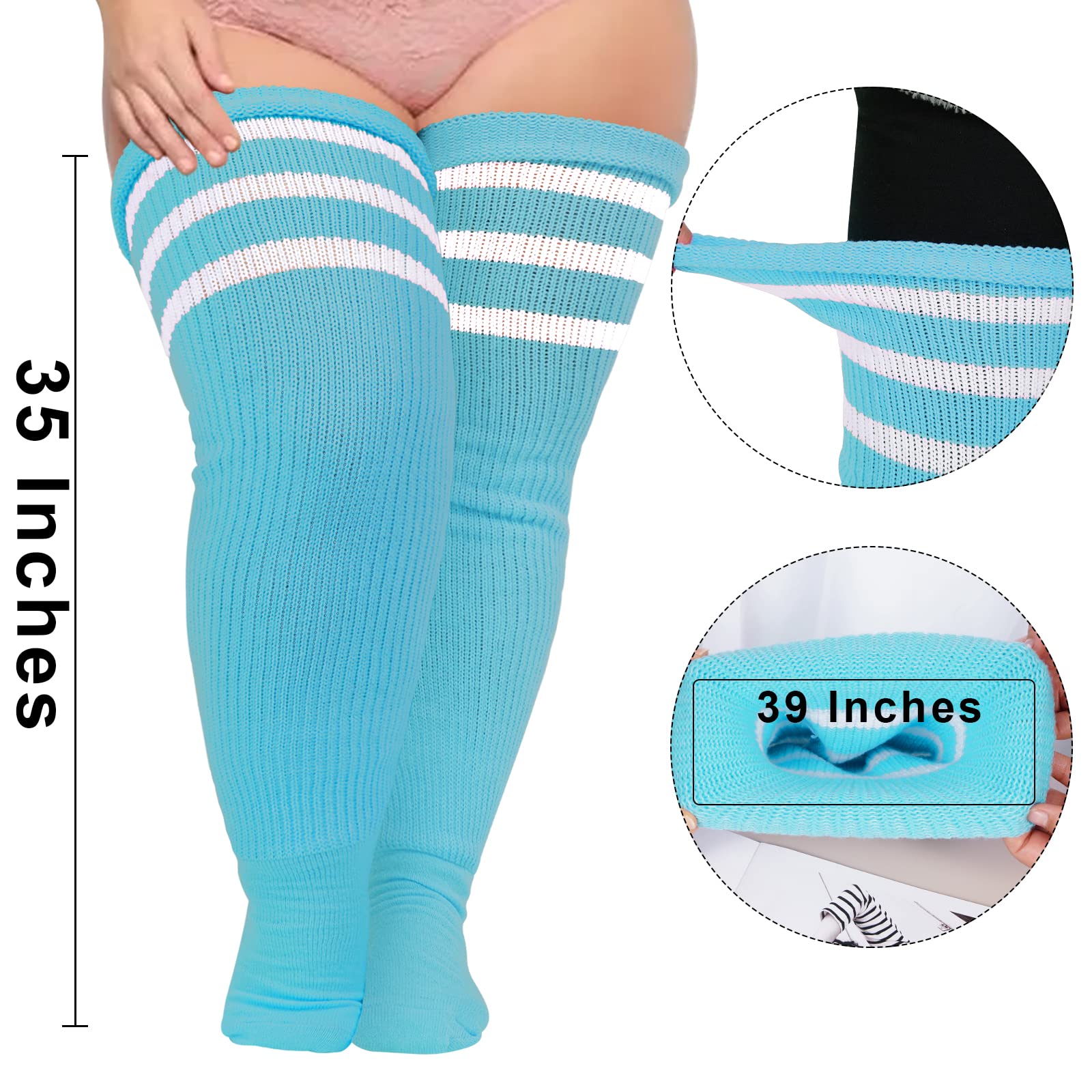 Plus Size Thigh High Socks Striped- Blue & White丨Moon Wood