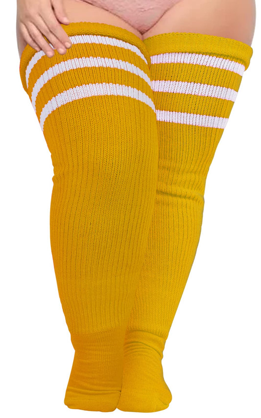 Plus Size Thigh High Socks Striped- Ginger Yellow & White丨Moon Wood
