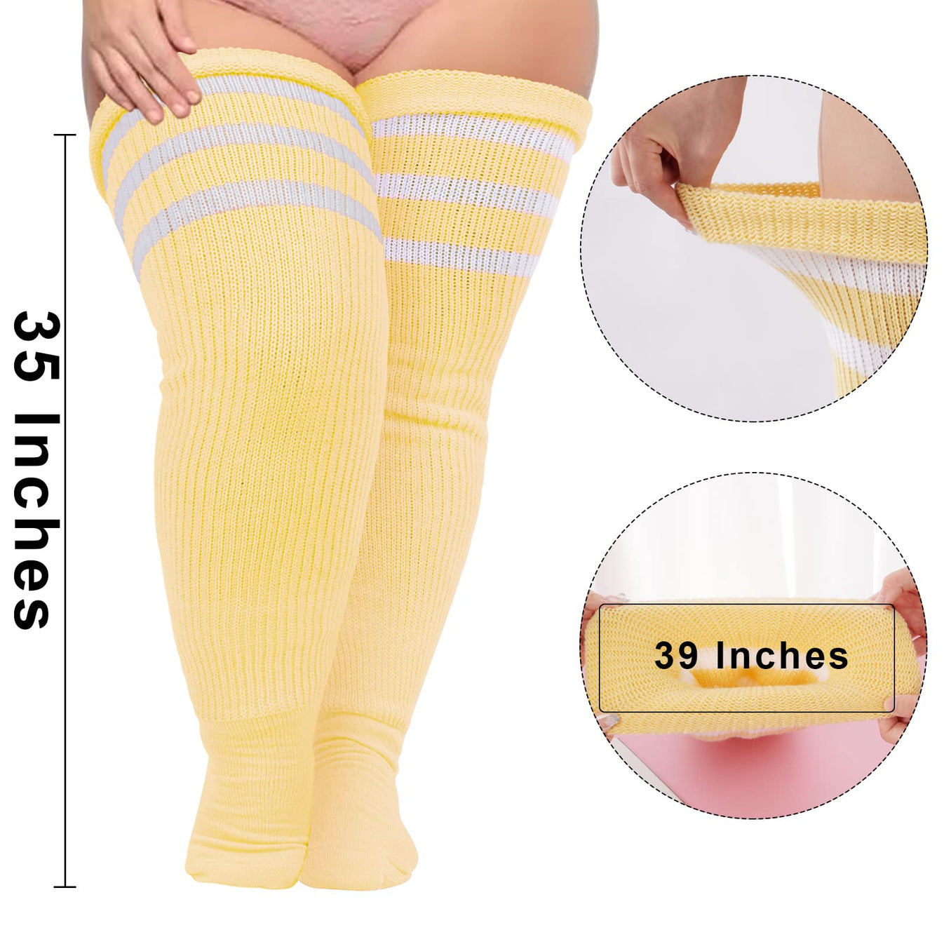 Plus Size Thigh High Socks Striped- Cream Yellow & White丨Moon Wood
