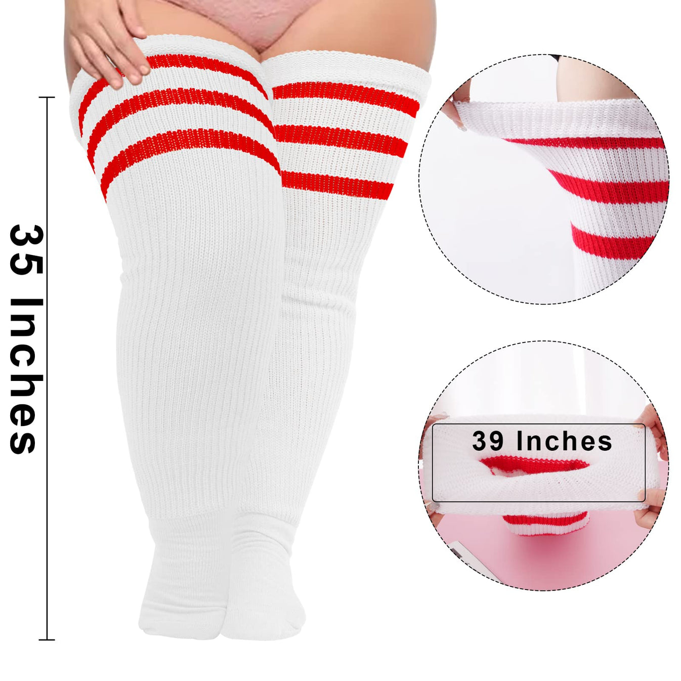 Plus Size Thigh High Socks Striped- White & Red丨Moon Wood