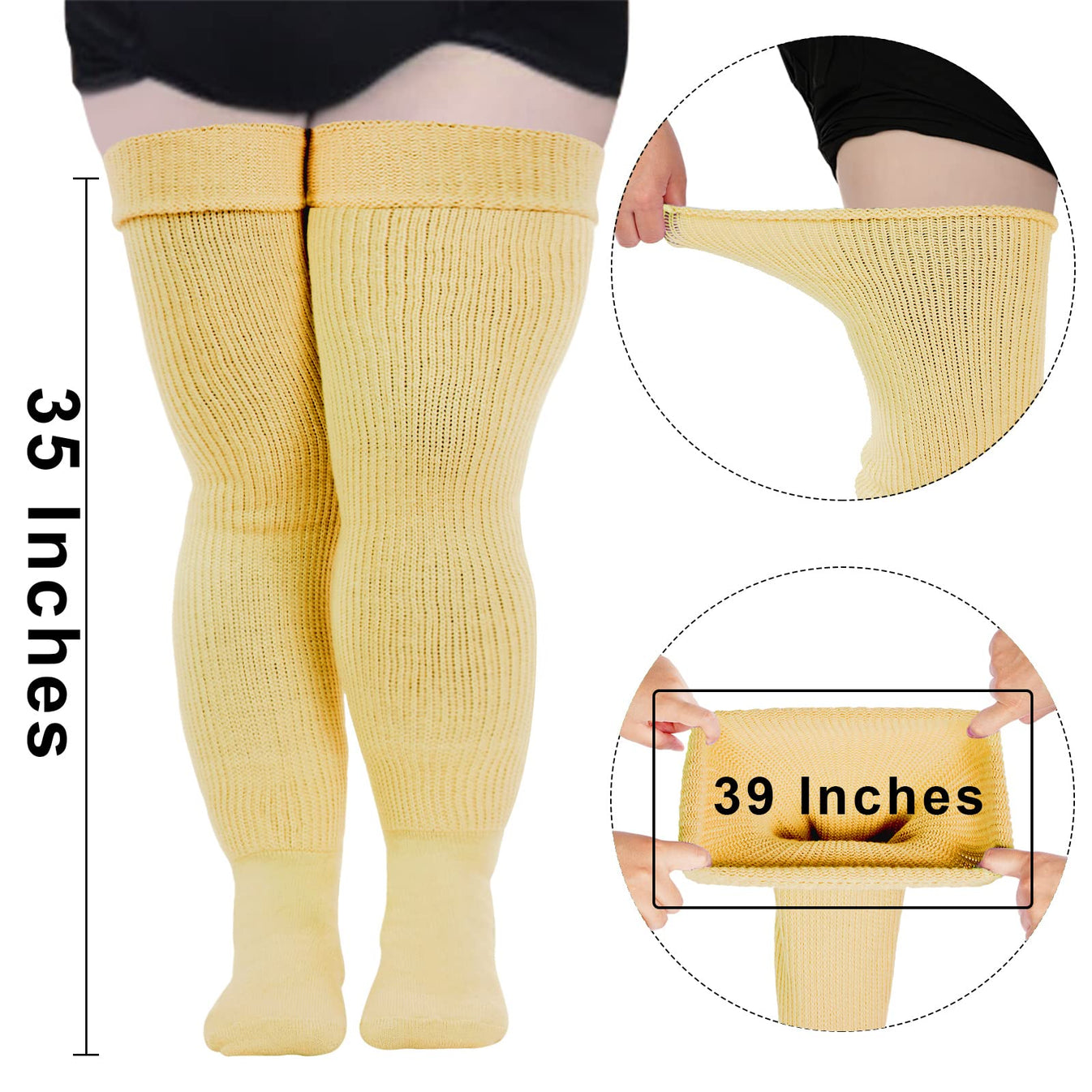 Womens Plus Size Thigh High Socks-Cream Yellow丨Moon Wood